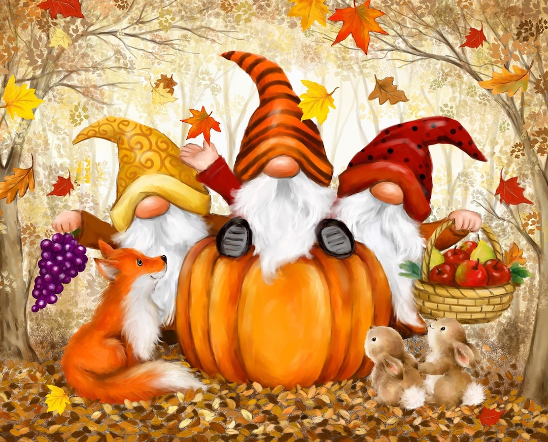 New Large COLORFUL FALL Autumn Garden GNOMES on This Digital 100% ...