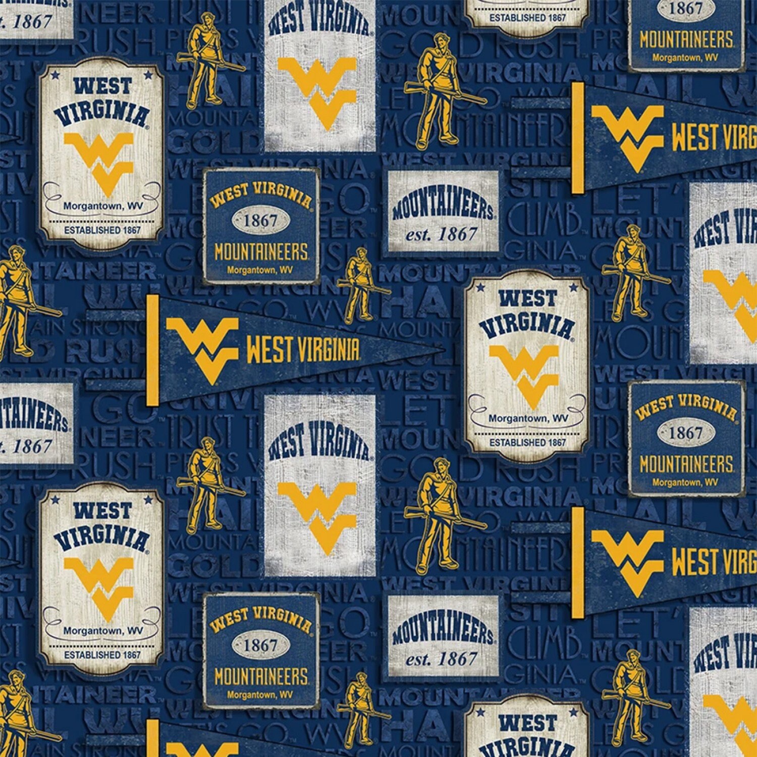 NCAA WEST VIRGINIA Mountaineers Vintage Print 100% Cotton Fabric ...