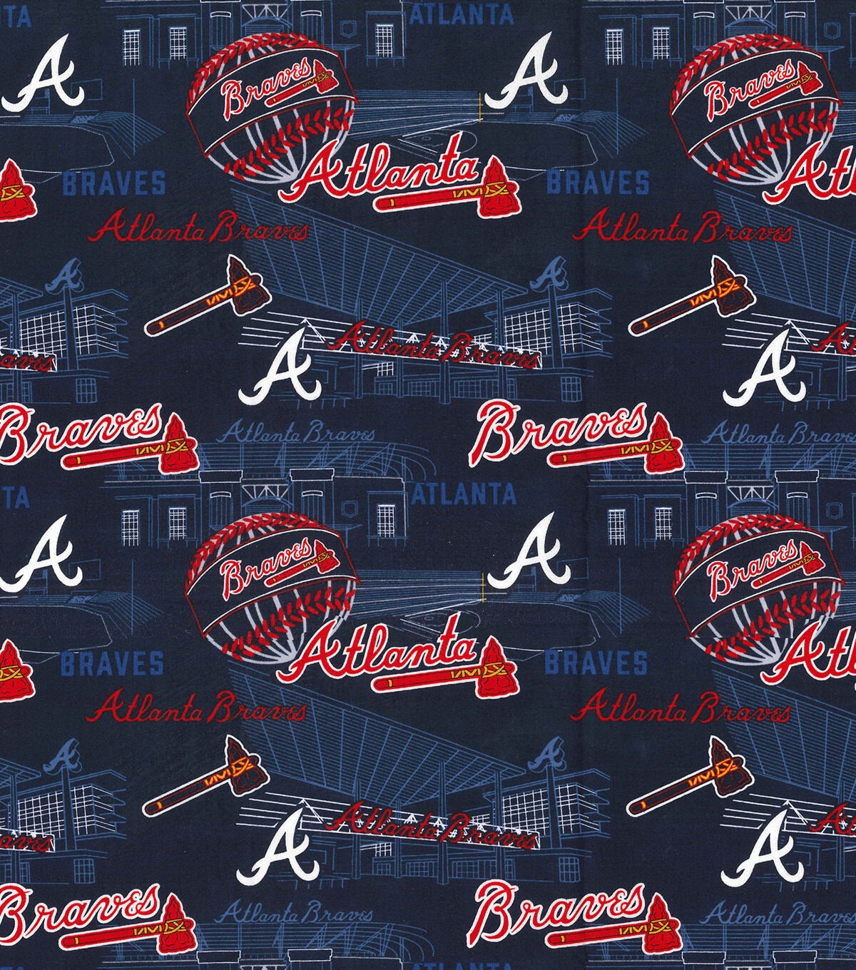 MLB ATLANTA BRAVES Stadium Print Baseball 100% Cotton Fabric Licensed ...