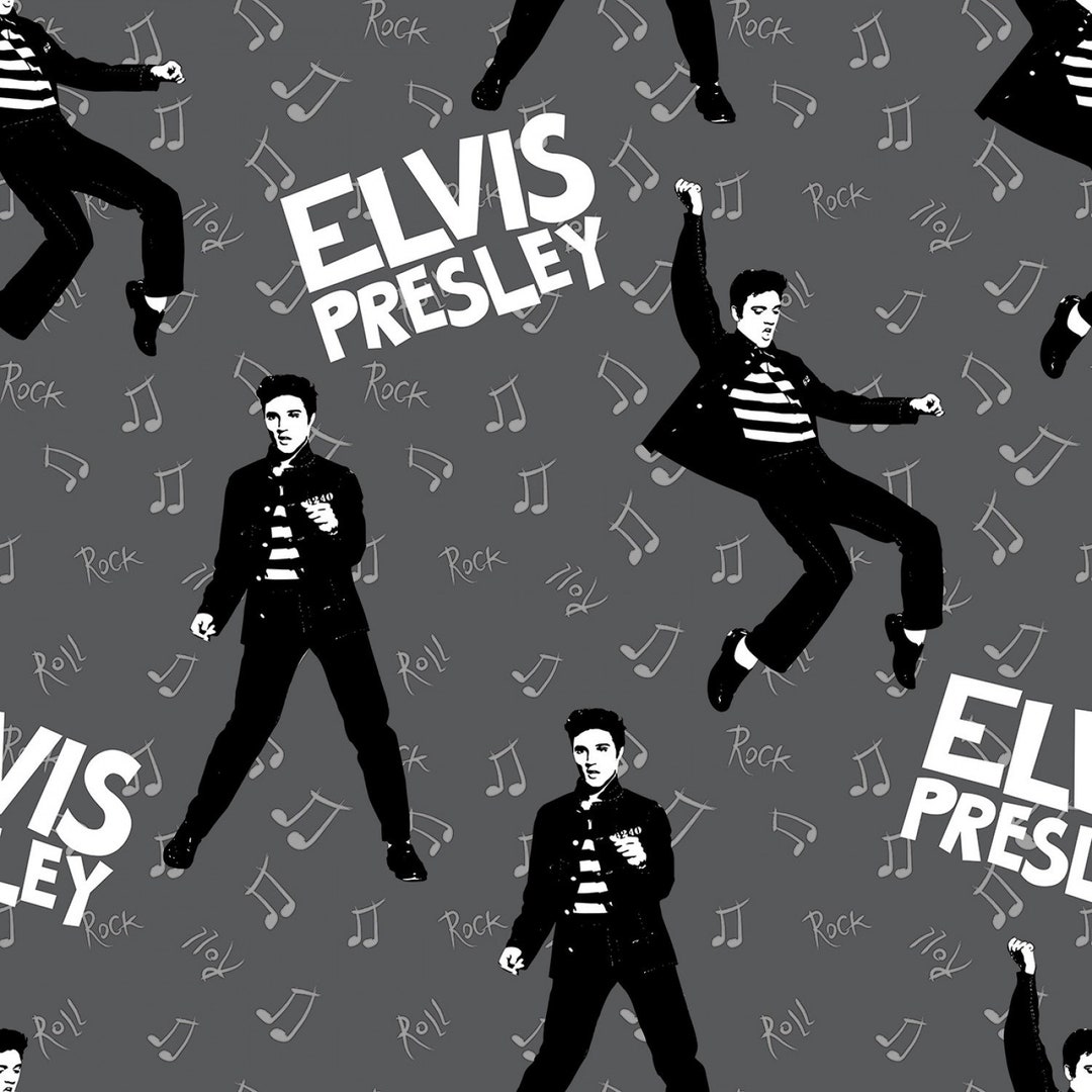 ELVIS PRESLEY King of Rock Dark Gray Print 100% Cotton Fabric Material ...