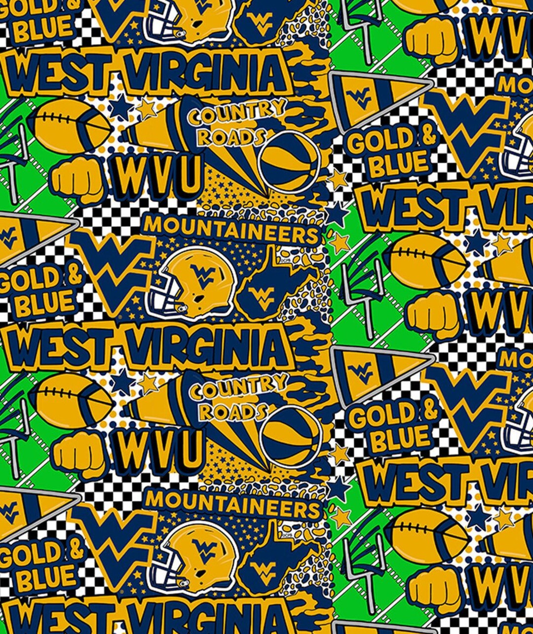 NCAA WEST VIRGINIA Mountaineers Artistic Print 100% Cotton Fabric ...