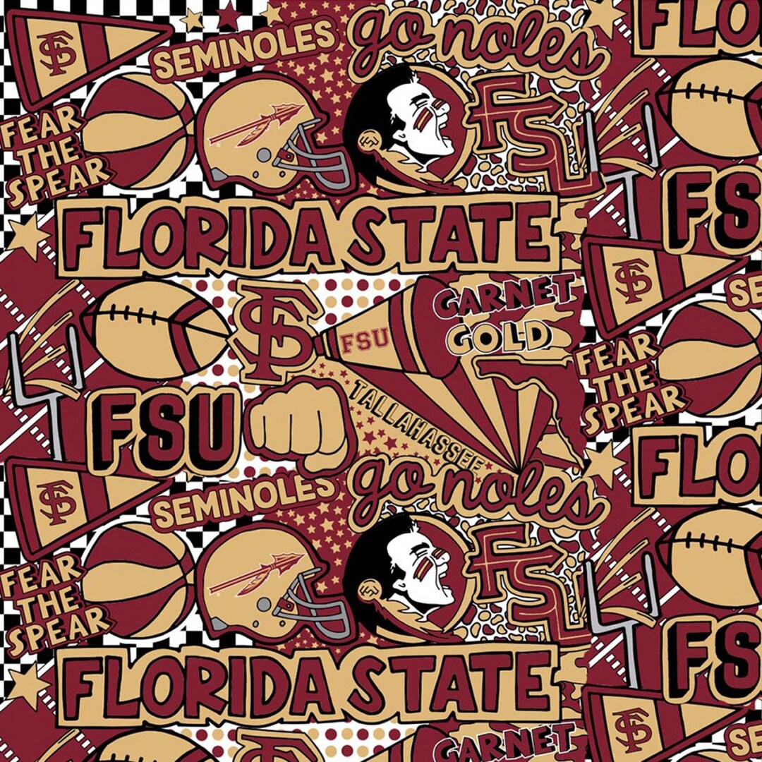 NCAA FLORIDA STATE Seminoles Artistic Print Football 100% Cotton Fabric ...