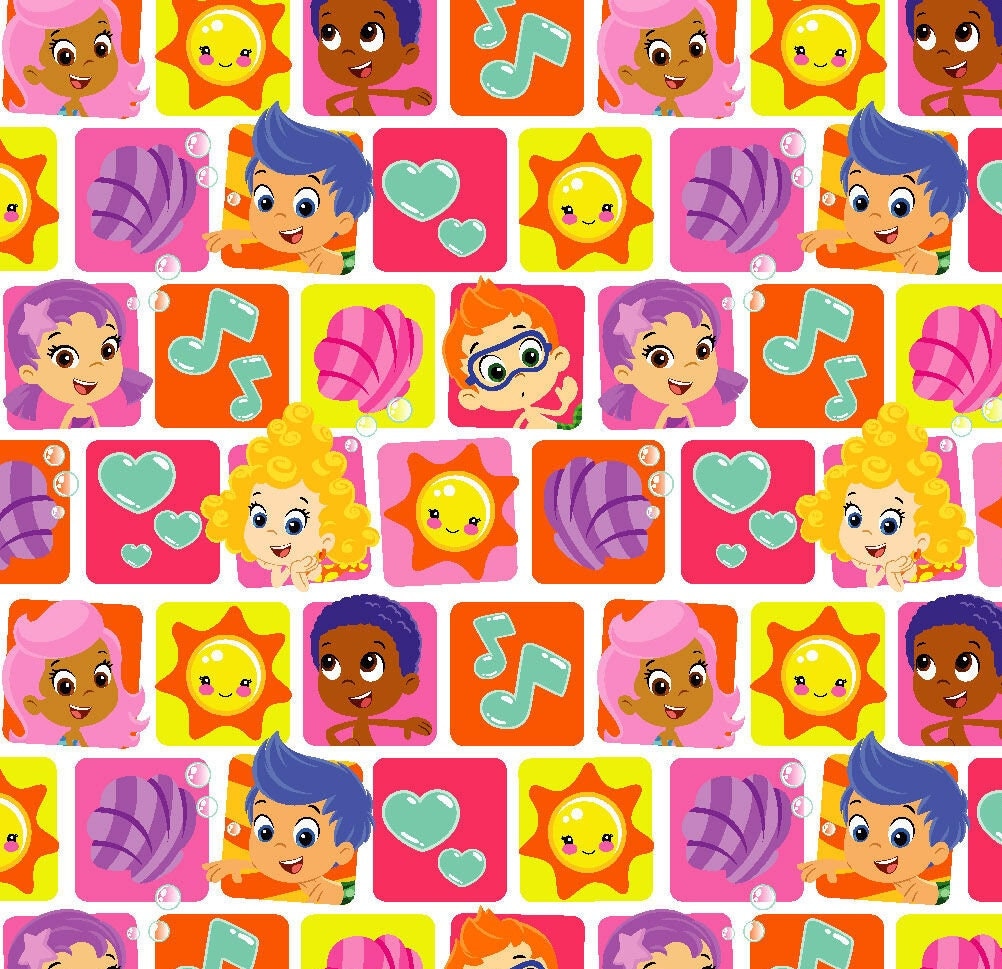 NICK JR BUBBLE Guppies Blocks Print 100% Cotton Fabric Material for ...
