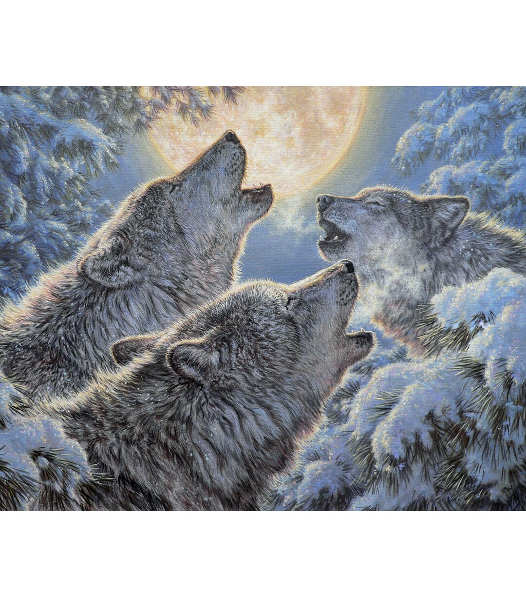 New Large HOWLING WOLF Pack in WINTER Snow in Woods 100% - Etsy