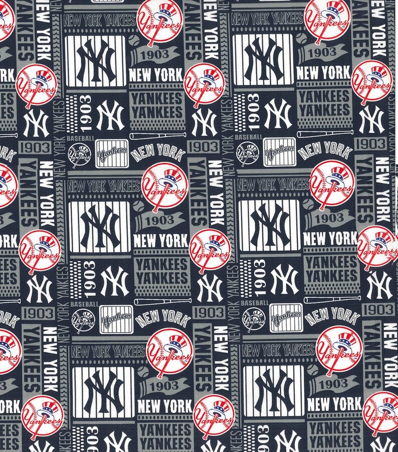 MLB NEW YORK Yankees Small Block Print Baseball 100% Cotton Fabric ...