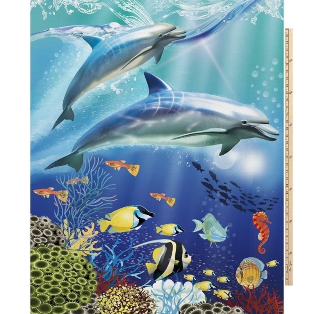 New Large HAPPY DOLPHINS and CORAL in Ocean on This Digital 100% Cotton ...