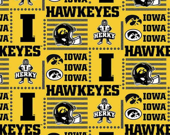NCAA IOWA HAWKEYES Boxed Logo Print Football 100% Cotton Fabric You ...