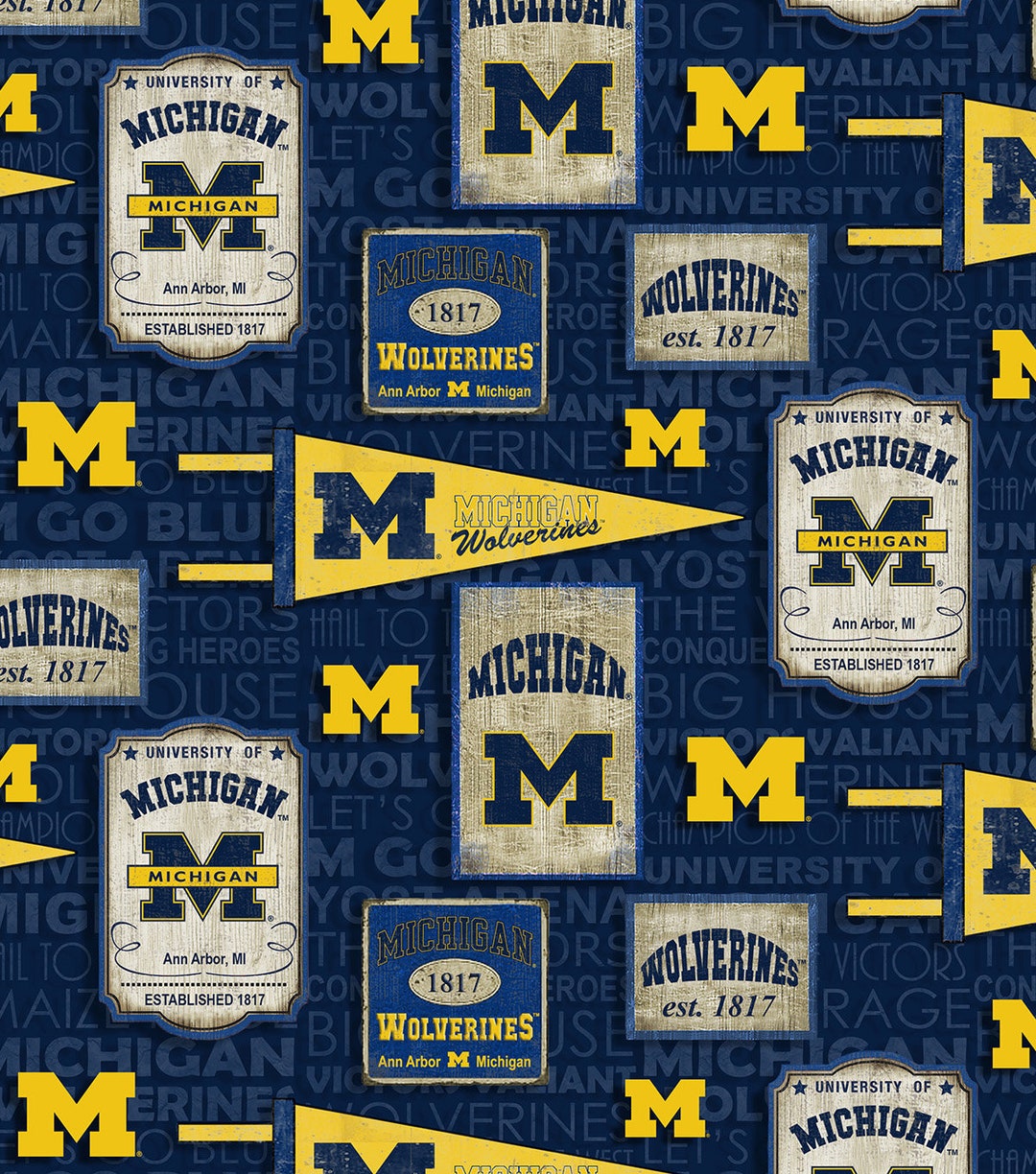 NCAA MICHIGAN WOLVERINES Vintage Print 100% Cotton Fabric Material You ...