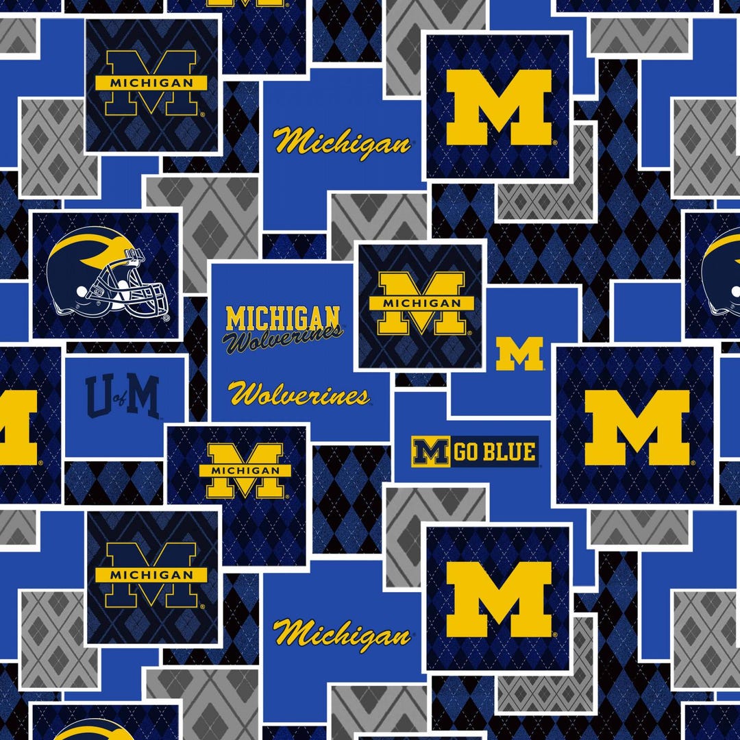 NCAA UNIVERSITY of MICHIGAN Wolverines Argyle Boxes Print Football 100% ...