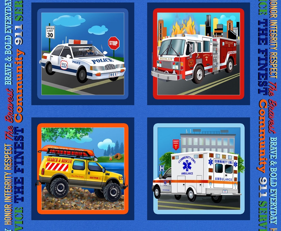 New EMERGENCY VEHICLES to the RESCUE 100% Cotton Pillow Panels - 4 ...