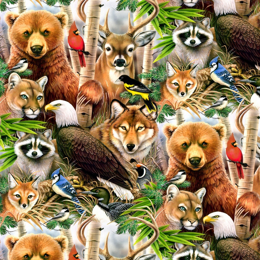 NORTH AMERICAN ANIMALS Allover Print 100% Cotton Fabric Material for ...