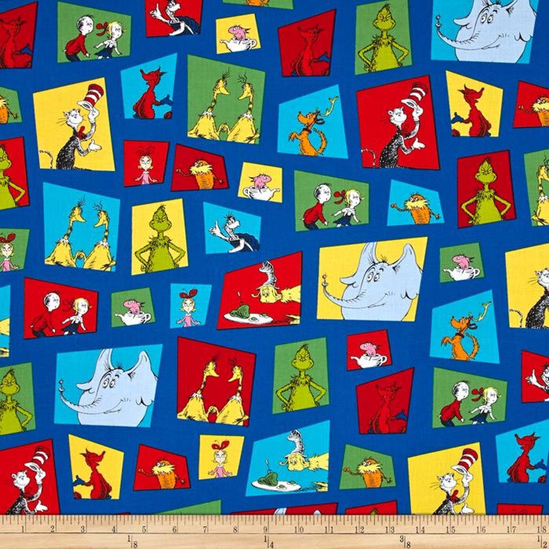 DR SEUSS Blue Block Print 100% Cotton Fabric Material for Crafts ...