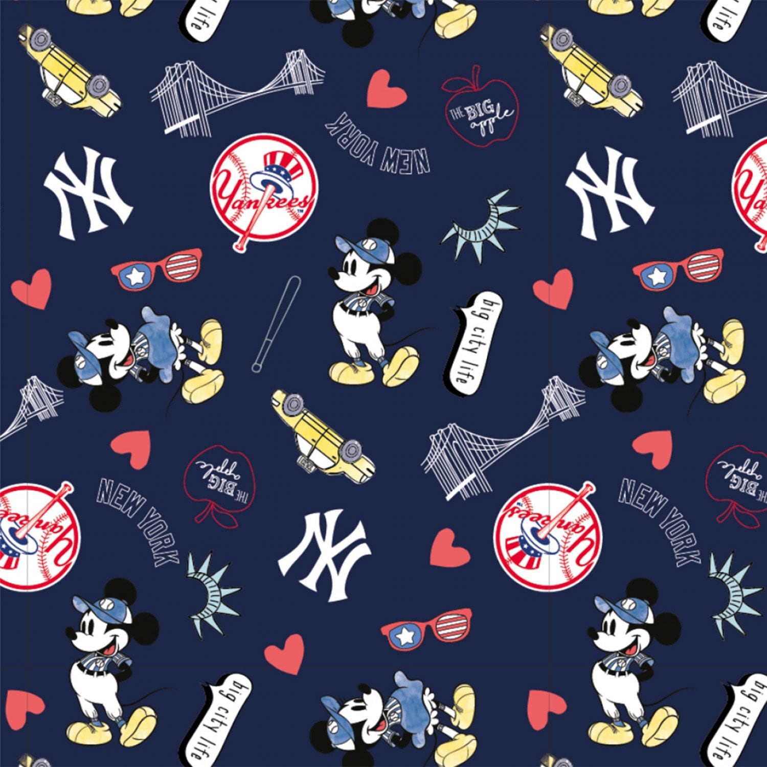 MLB NEW YORK Yankees Mickey Mouse Print #2 Baseball 100% Cotton Fabric ...