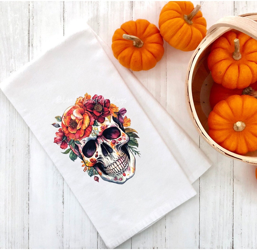 Sugar Skull Kitchen Towel - Cotton Tea Towel, Flour Sack Towel, Day of ...