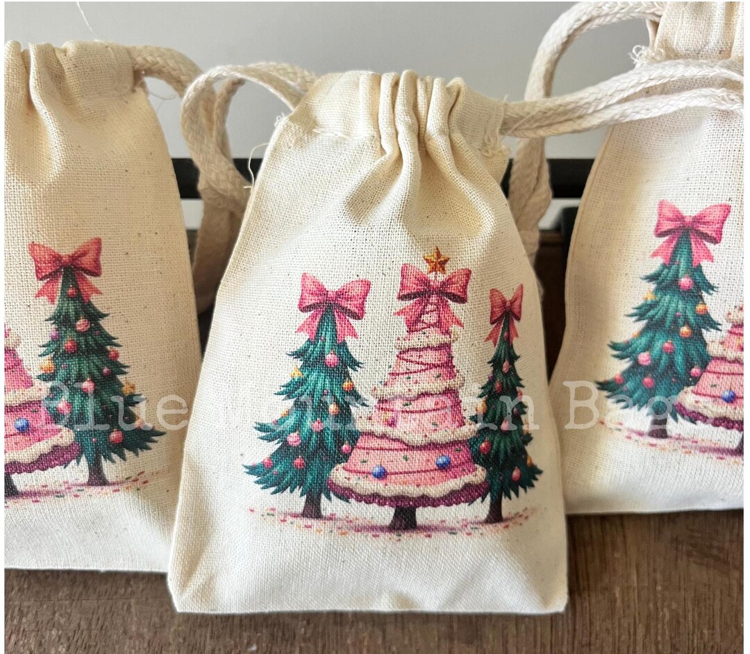 Set of 10 Christmas Tree Muslin Favor Bags: Pink & Green Cotton ...