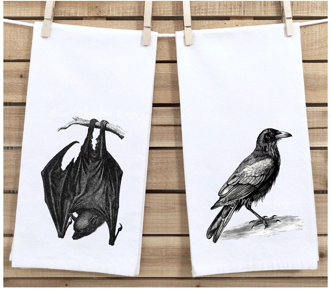 Vintage Halloween Cotton Tea Towels: Black Bat & Raven Decor (set of 2 ...