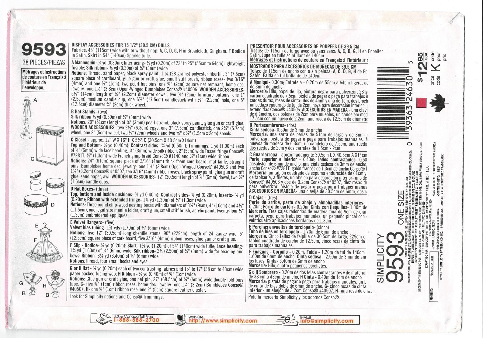 Simplicity 9593 Couturier Doll Accessories Pattern UNCUT for Size 15 1/ ...