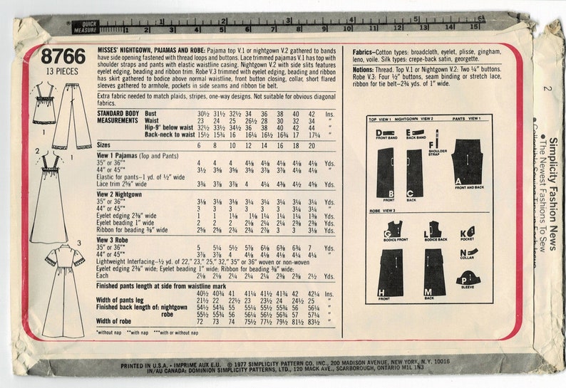 Simplicity 8766 1970s Nightgown Robe Pajamas Sewing Pattern UNCUT ...