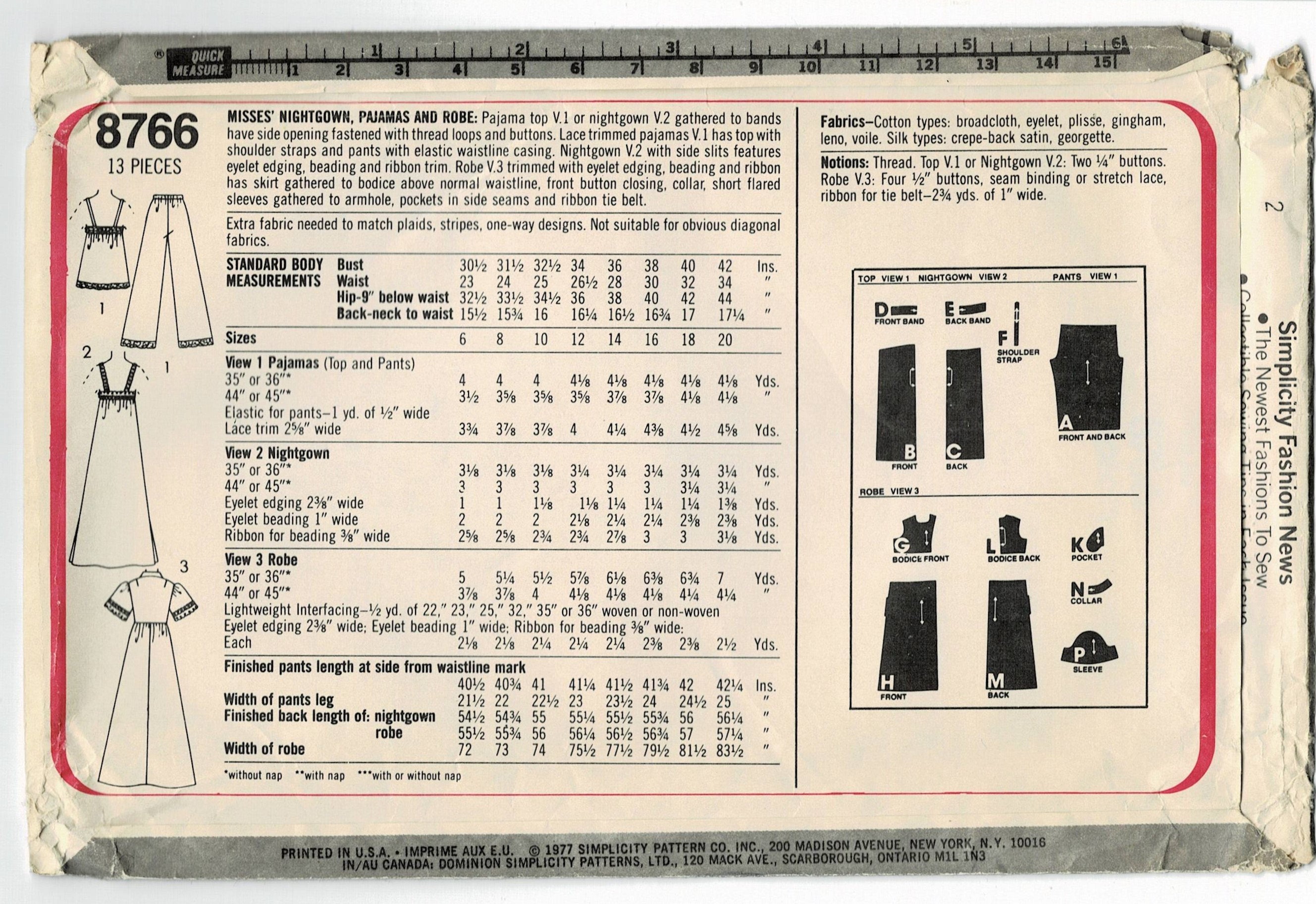 Simplicity 8766 1970s Nightgown Robe Pajamas Sewing Pattern UNCUT ...