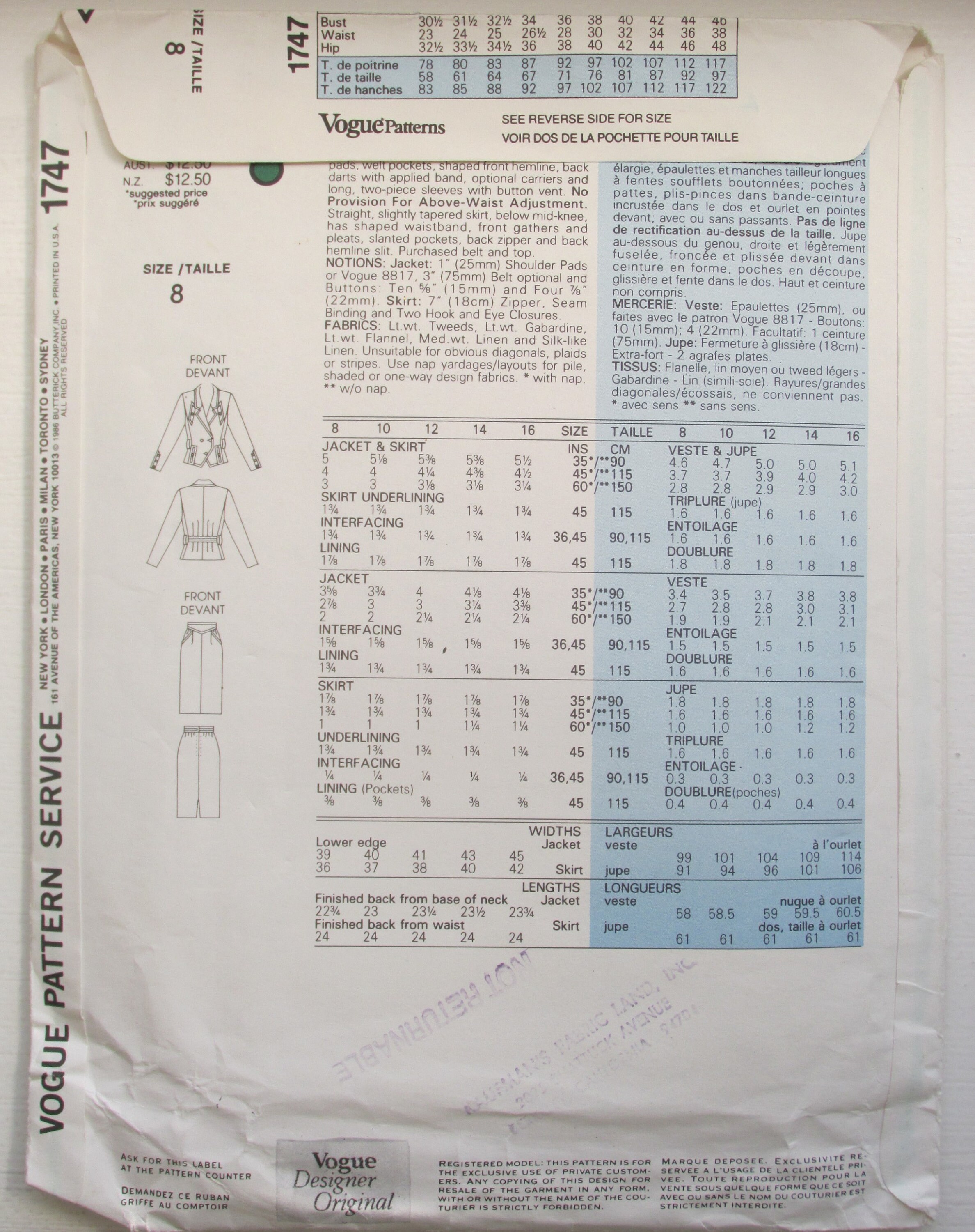 Vogue 1747 Karl Lagerfeld Jacket and Skirt Suit UNCUT Sewing Pattern ...
