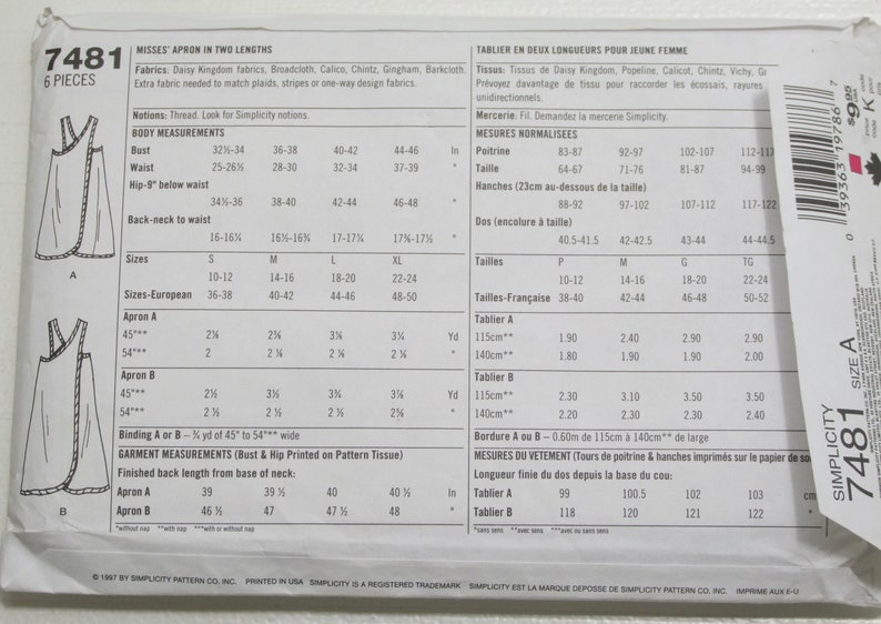 Simplicity 7481 UNCUT Misses' Daisy Kingdom Back Wrap Garden Apron ...