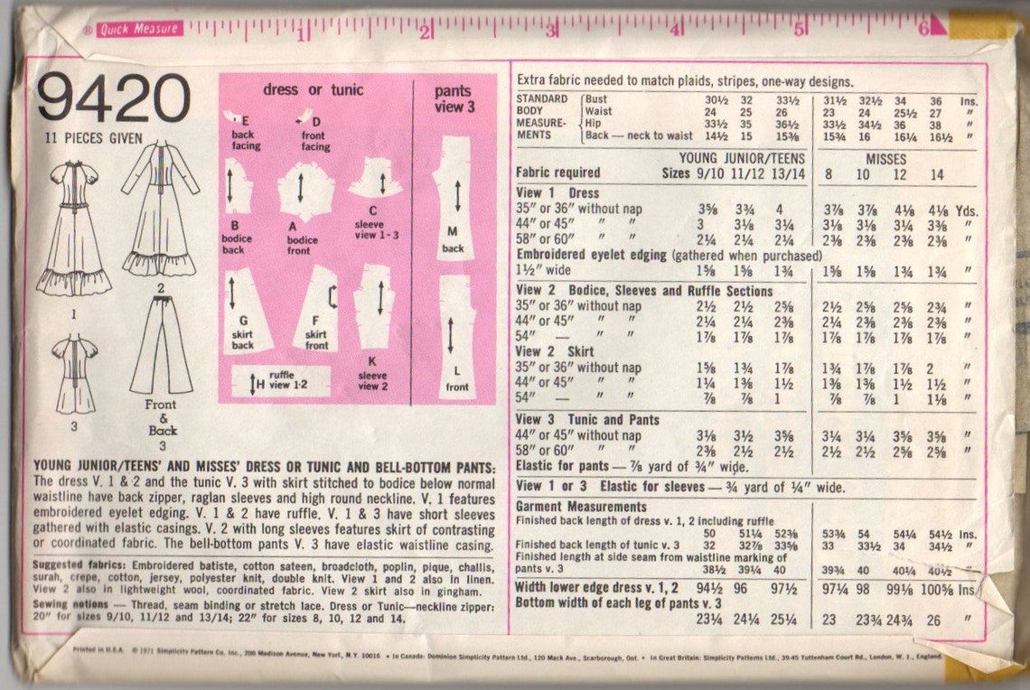 Simplicity 9420 1970s Maxi Dress Tunic and Bell Bottom Pants Sewing ...