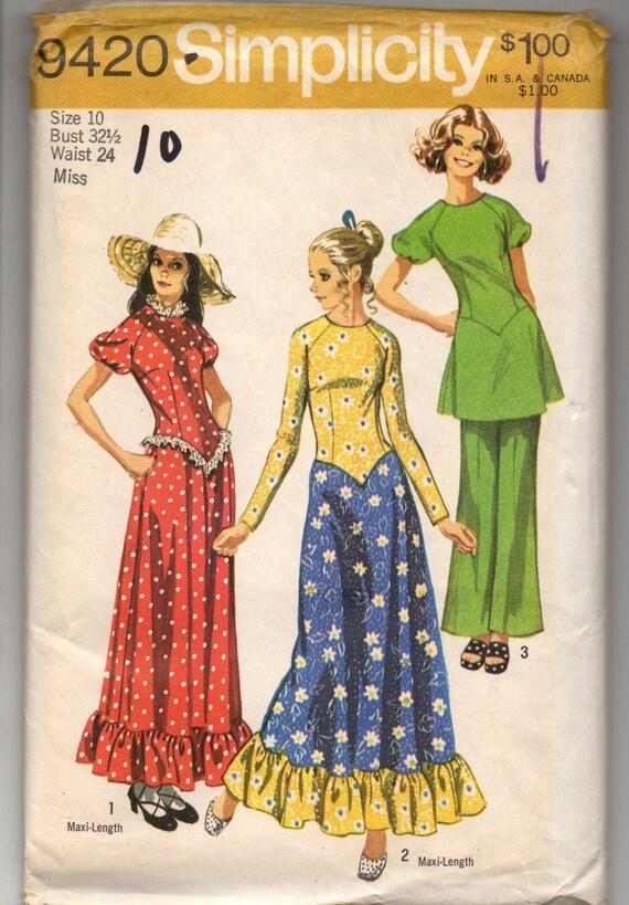 Simplicity 9420 1970s Maxi Dress Tunic and Bell Bottom Pants | Etsy