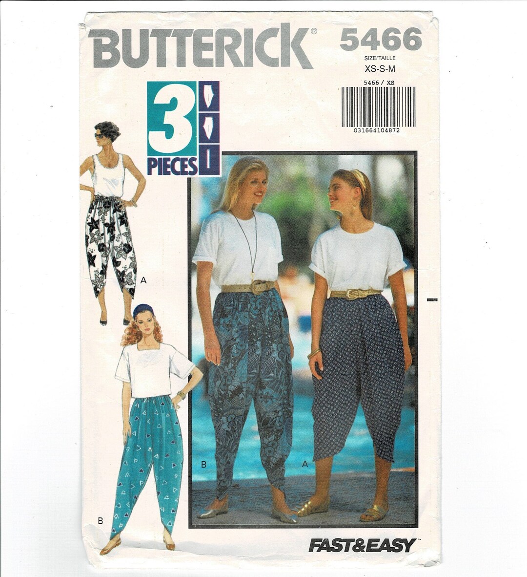 Butterick 5466 1990s Misses Harem Pants Sewing Pattern Size Xsm Sm Med ...
