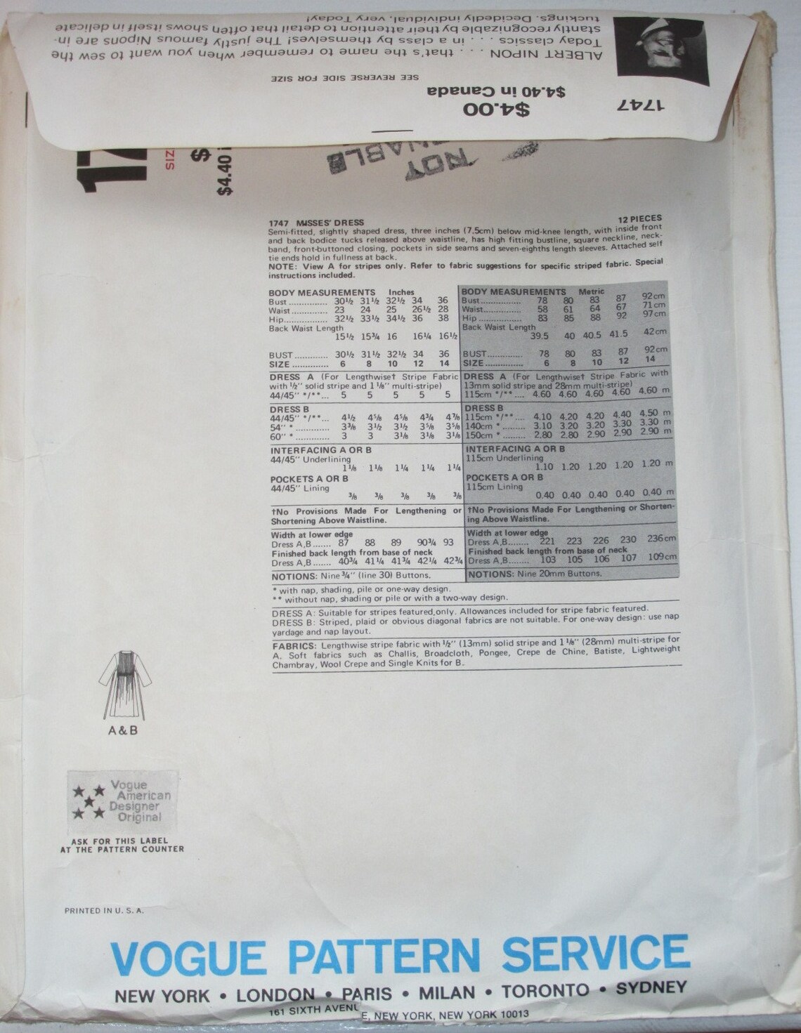 Vogue 1747 Albert Nipon Misses' DRESS Vintage 1970s Sewing Pattern ...