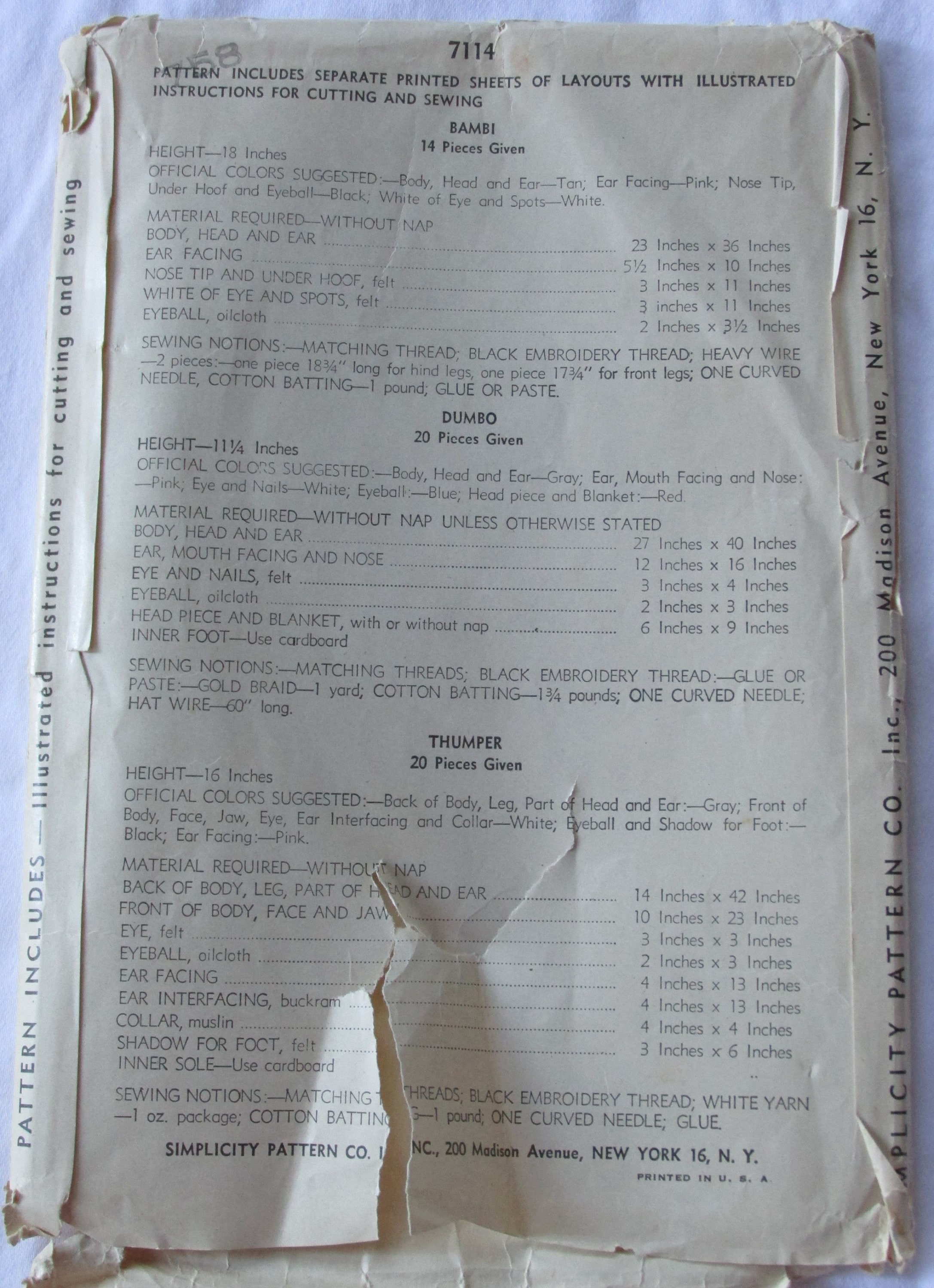 Rare Original Simplicity 7114 UNCUT Walt Disney Stuffed Toy Sewing ...