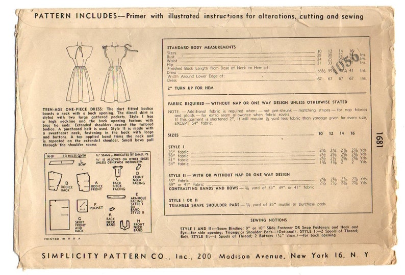 Simplicity 1681 1940s Teenage One Piece Dress With Sweetheart Neck ...