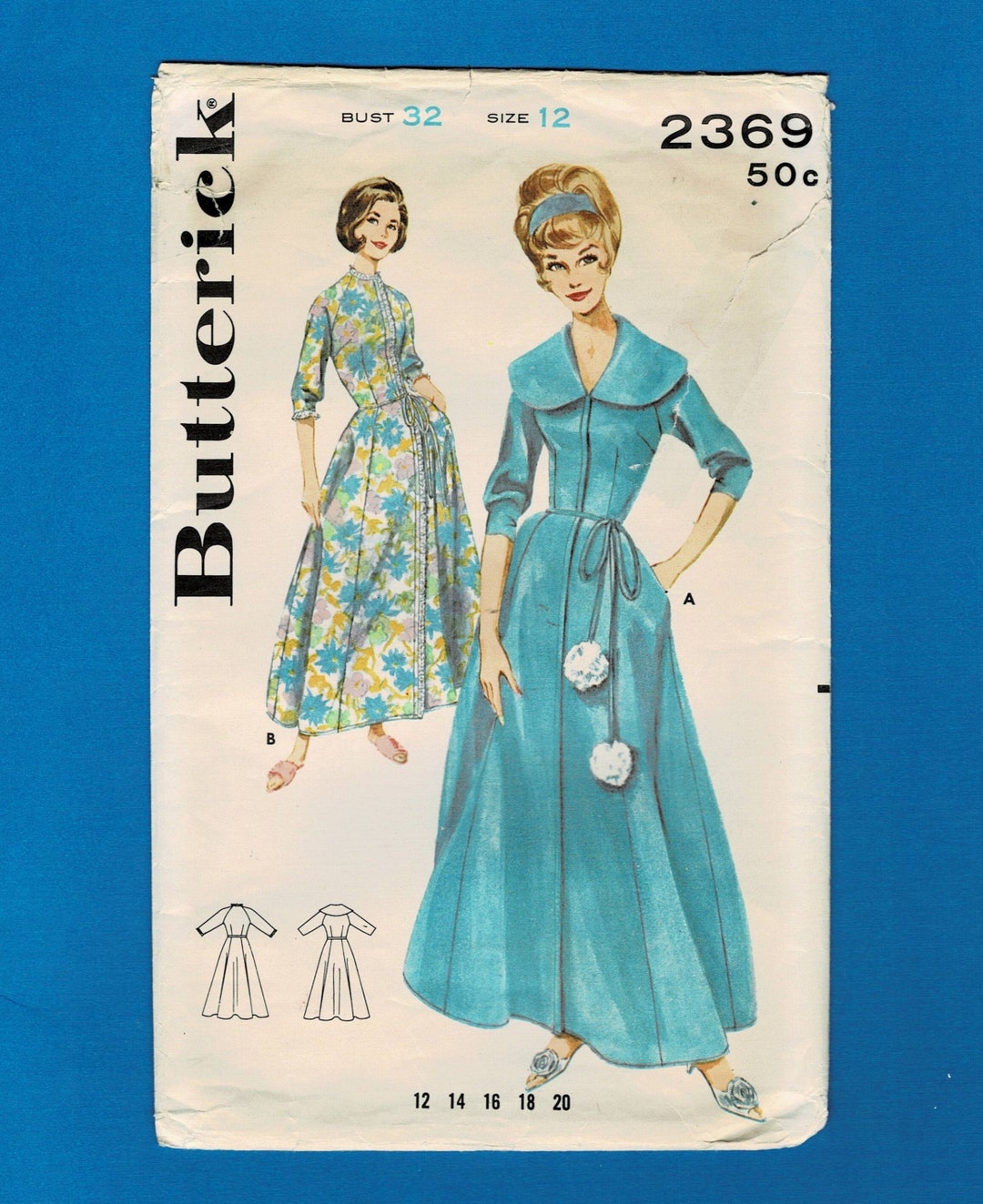 Butterick 2369 1960s Hostess Gown and Robe Sewing Pattern Bust 32 ...