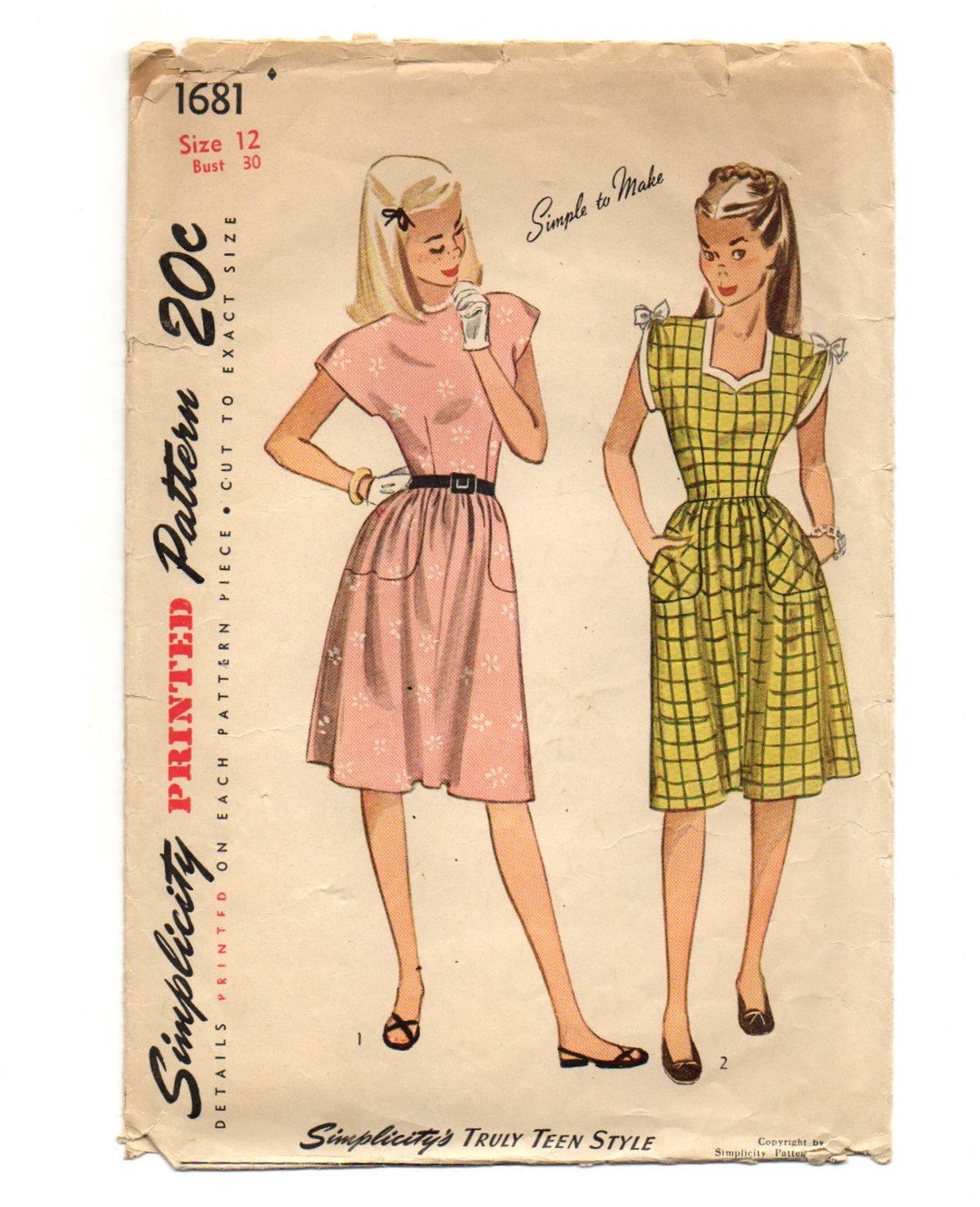 Simplicity 1681 1940s Teenage One Piece Dress With Sweetheart Neck ...