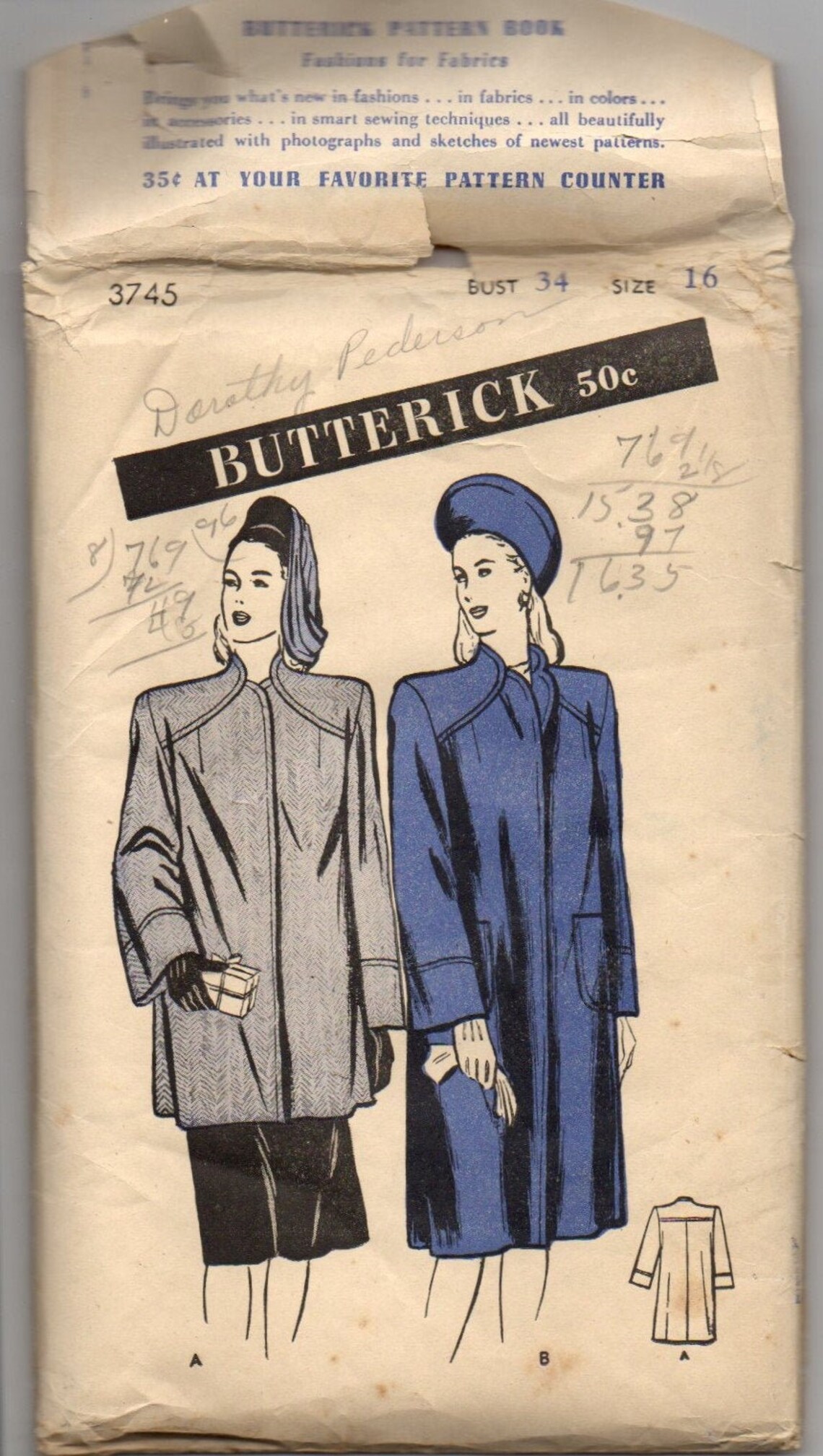 Butterick 3745 1940s BOX COAT Sewing Pattern Unused Bust 34 - Etsy