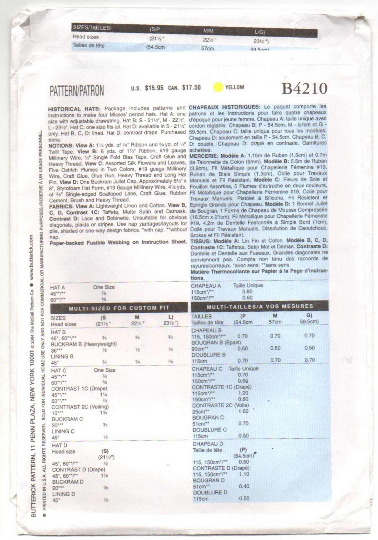 Butterick B4210 Historical Hats Sewing Pattern UNCUT Making History One ...