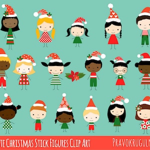 Cute Christmas Stick Figures Clipart, Children Clip Art, Multicultural ...