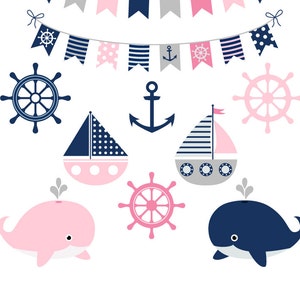Girl Nautical Clipart, Sea Party Clipart, Navy Pink Nautical Clipart ...