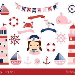Pink Nautical Clipart, Lighthouse Clip Art Baby Shower, Cute Girl ...