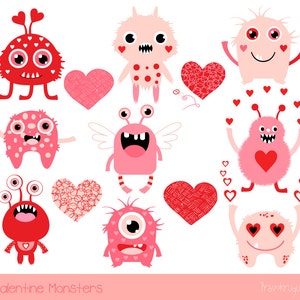 Cute Valentine Monsters Clipart, Kids Valentine Clipart, Pink Monster ...