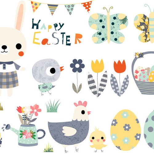 Happy Easter Clipart Cute Easter Clip Art Set Easter Bunny - Etsy