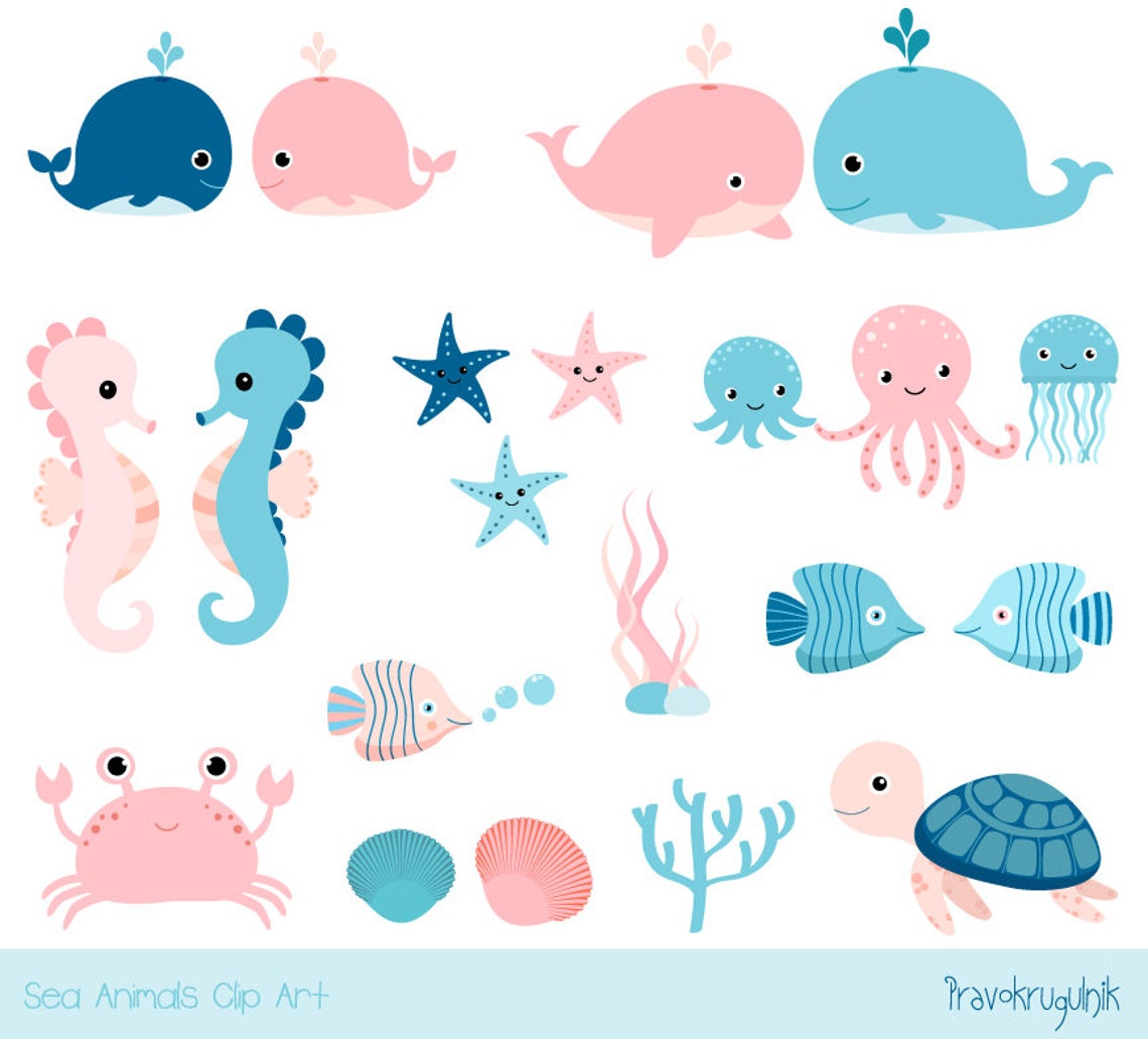 Cute Sea Animal Clipart Kawaii Ocean Clipart Baby Girl Under - Etsy