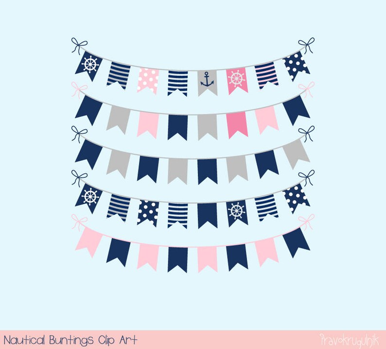 Girl Nautical Bunting Clipart, Birthday Party Bunting Clip Art, Pink ...