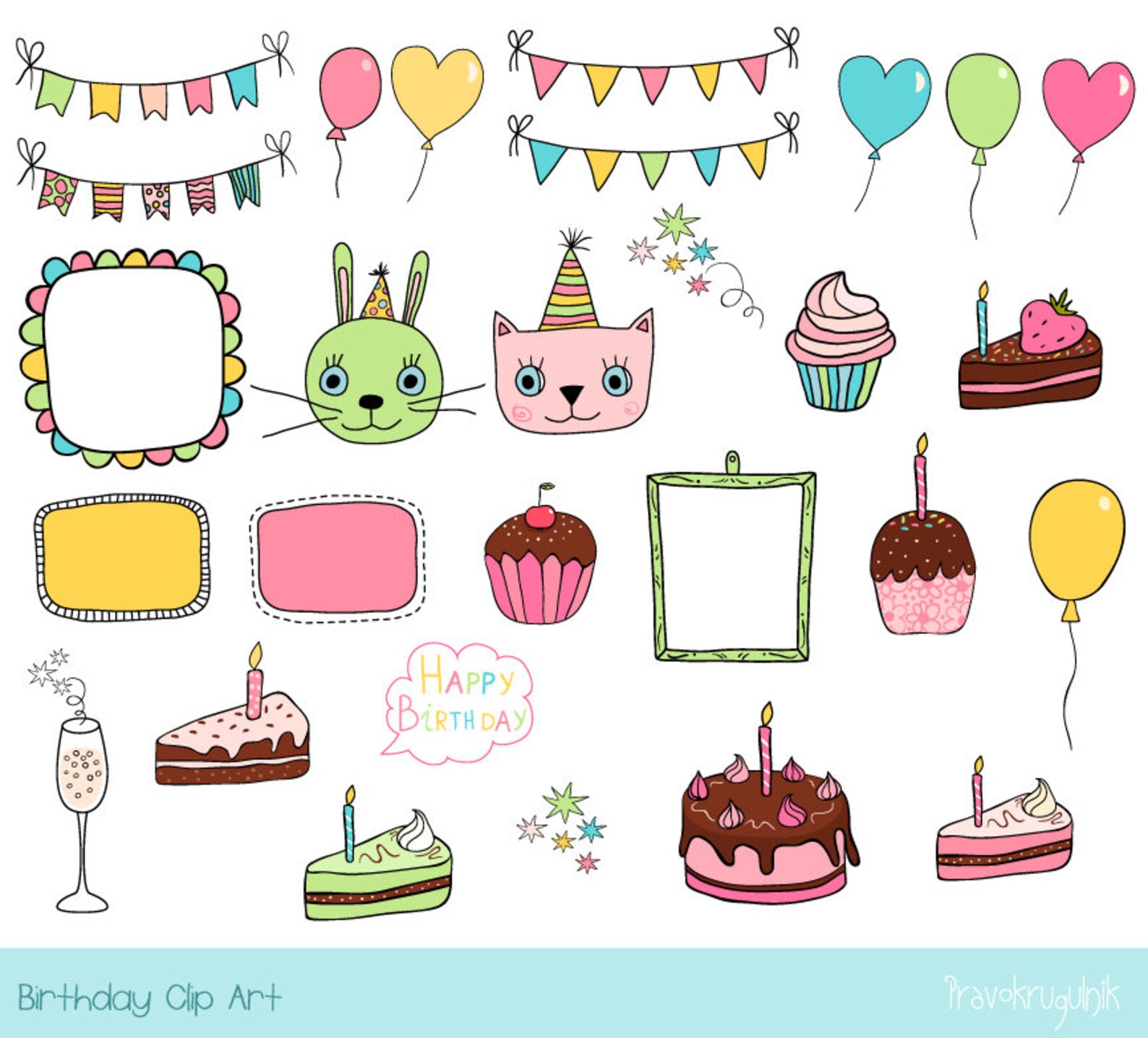 Cute Birthday Clipart Bunting, Birthday Party Clip Art Balloon ...