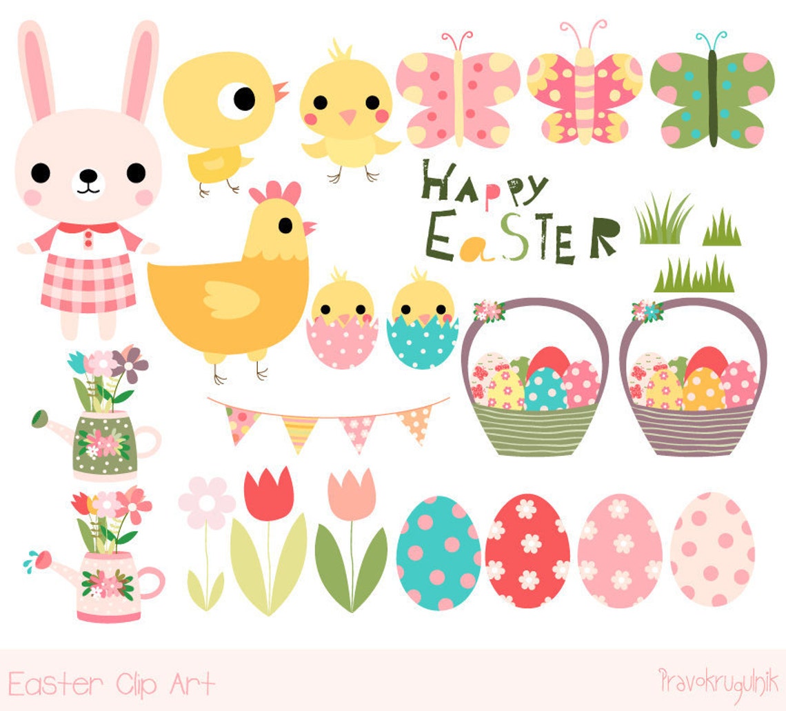 Cute Easter Clipart, Happy Easter Clip Art Set, Pink Easter Bunny ...