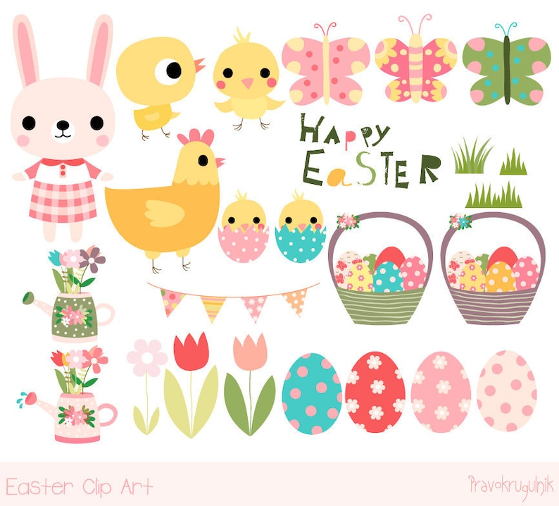 Cute Easter Clipart, Happy Easter Clip Art Set, Pink Easter Bunny ...