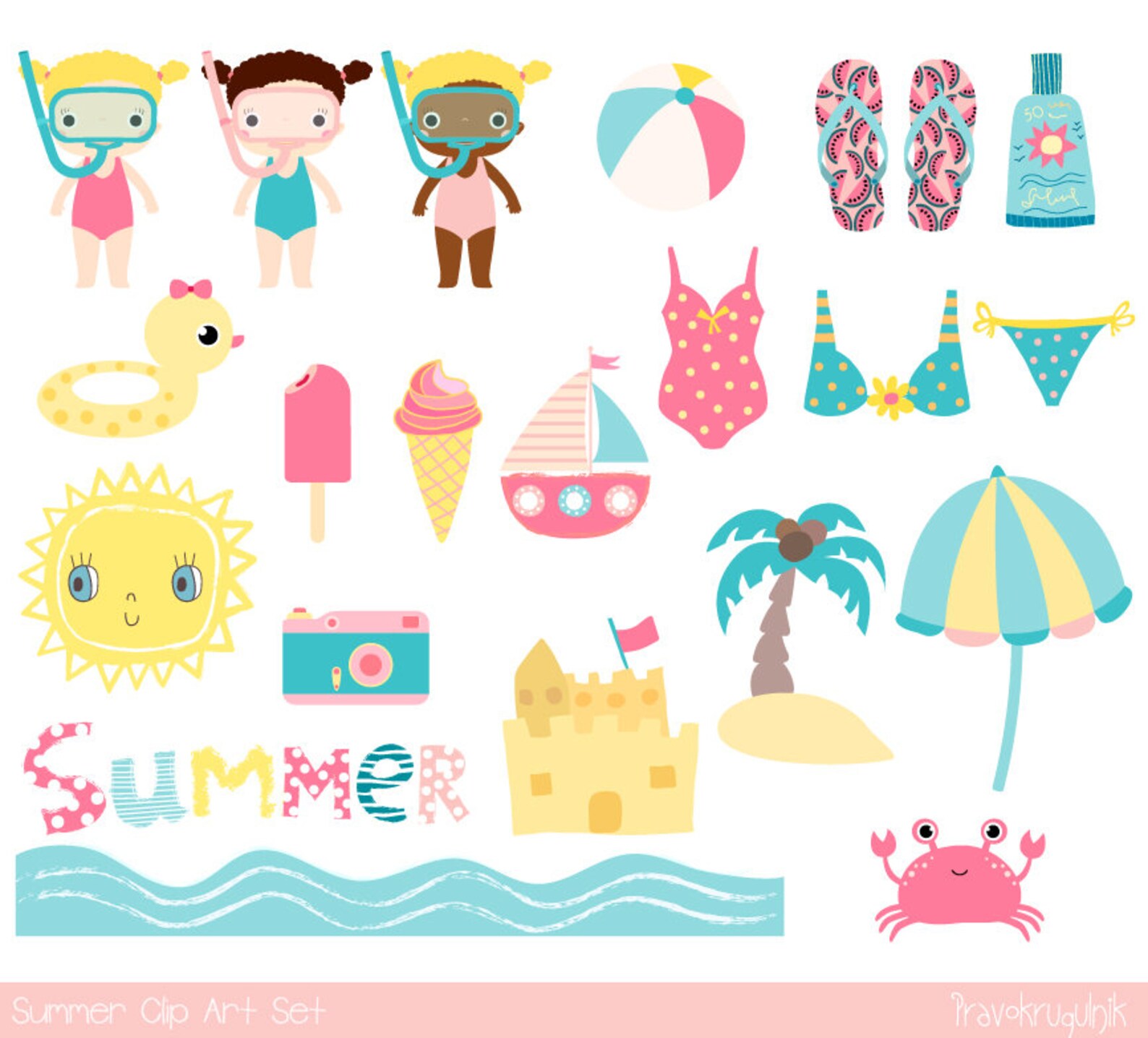 Cute Pink Summer Clip Art, Beach Holiday Clipart Vacation, Kid Set ...