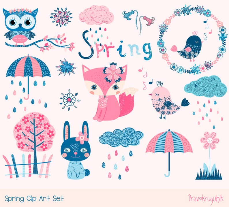 Cute Spring Animal Clipart Set Kawaii Spring Clip Art Blue - Etsy