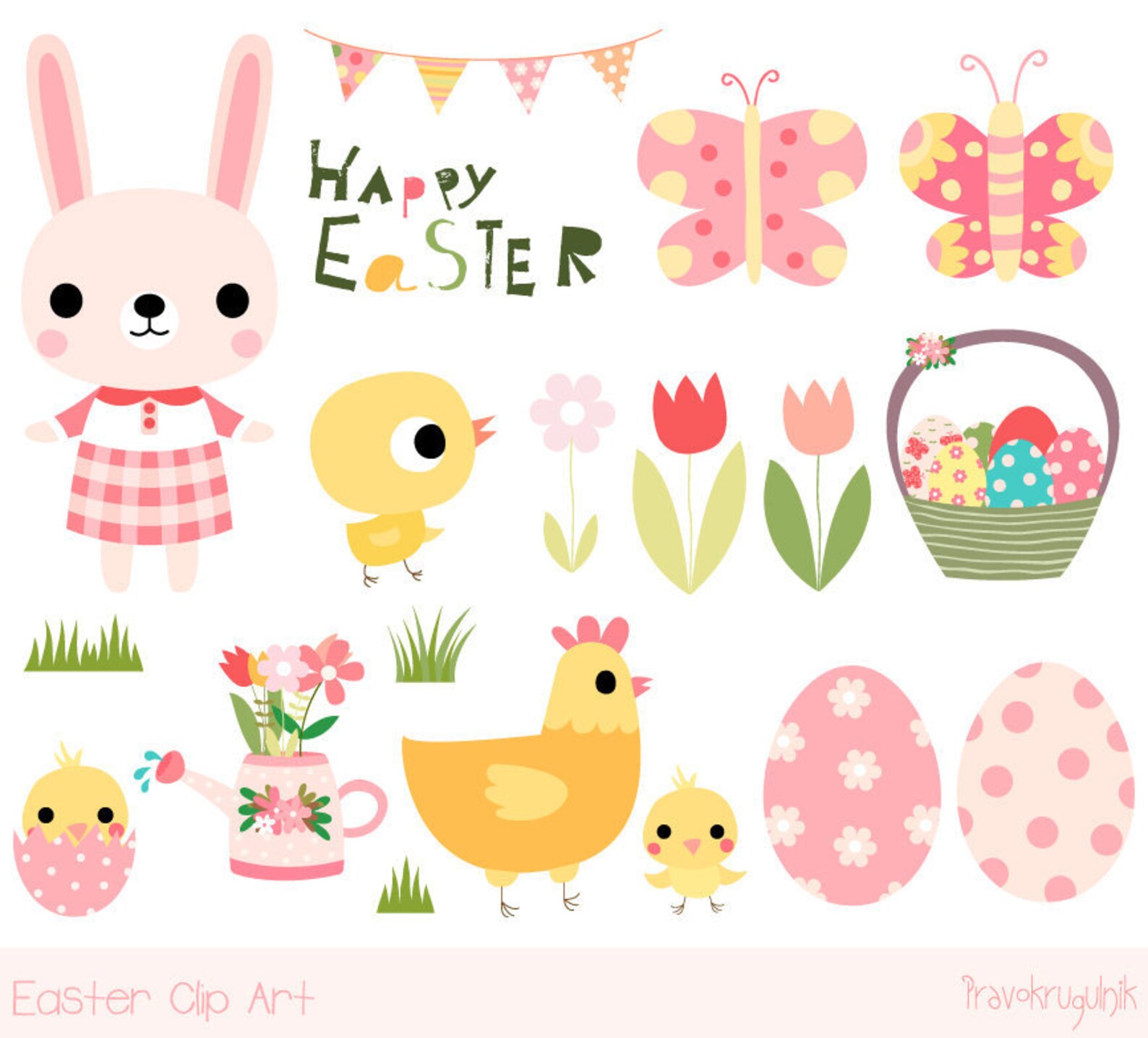 Cute Easter Clipart, Happy Easter Clip Art Set, Pink Easter Bunny ...