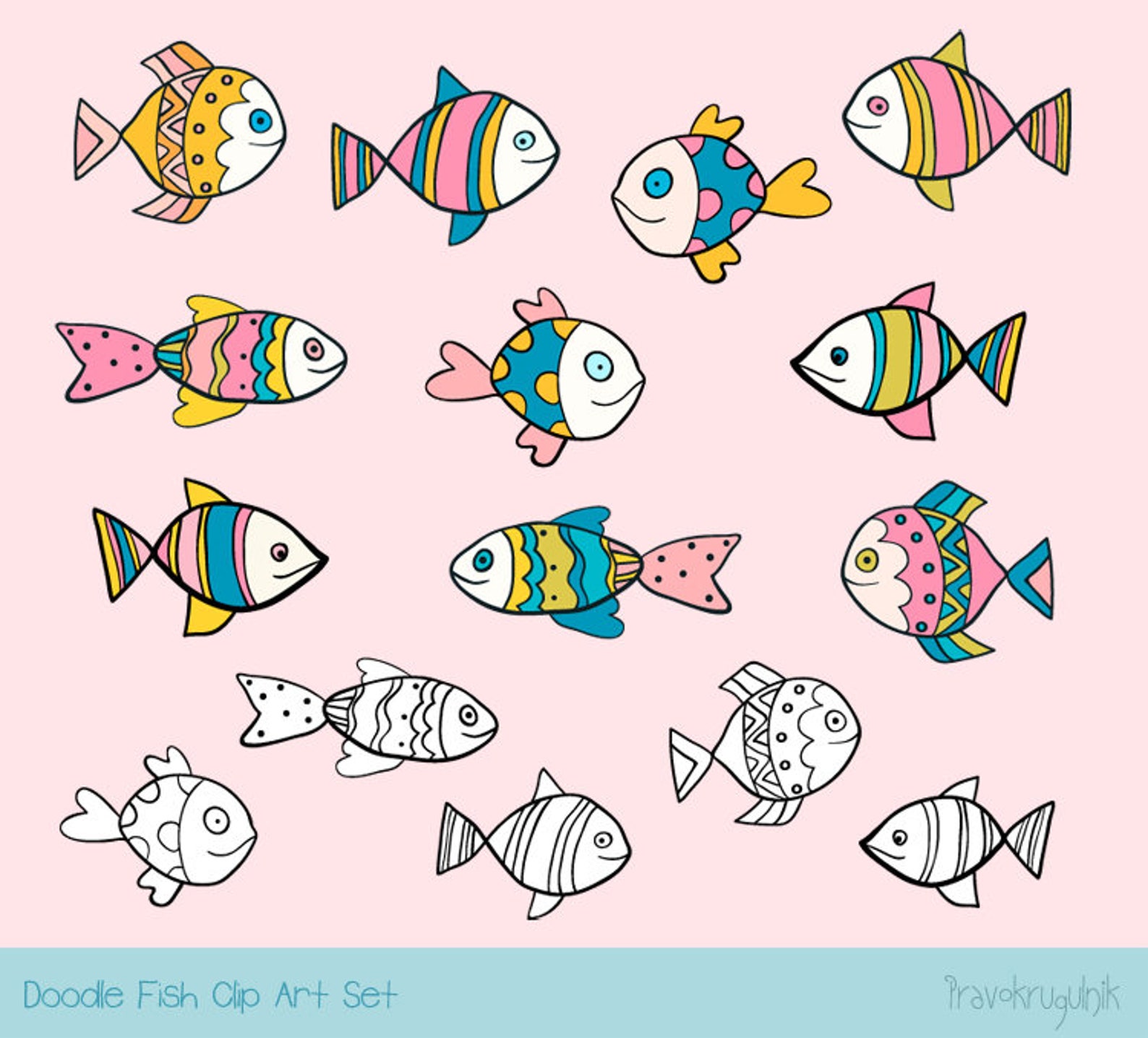 Cute Fish Clipart Set Hand Drawn Fish Clip Art Colorful Fish - Etsy