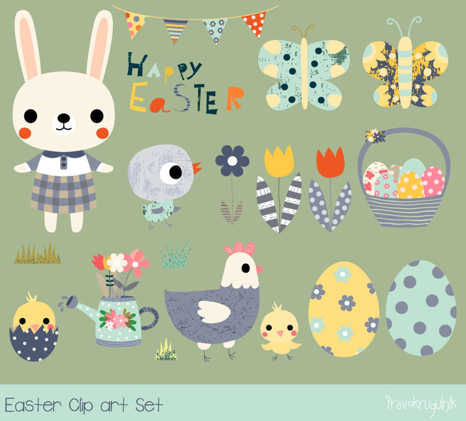 Happy Easter Clipart, Cute Easter Clip Art Set, Easter Bunny Clip Art ...